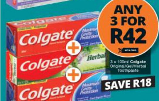 Colgate Original/Gel/Herbal Toothpaste 3x100ml offer at Checkers