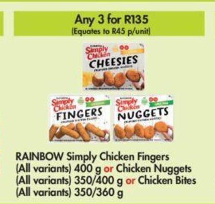 Rainbow Simply Chicken Fingers (all variants) 400g or Chicken Nuggets ...