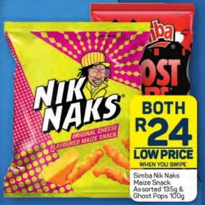 Simba Nik Naks Maize Snack Assorted 135g & Ghost Pops 100g offer at ...