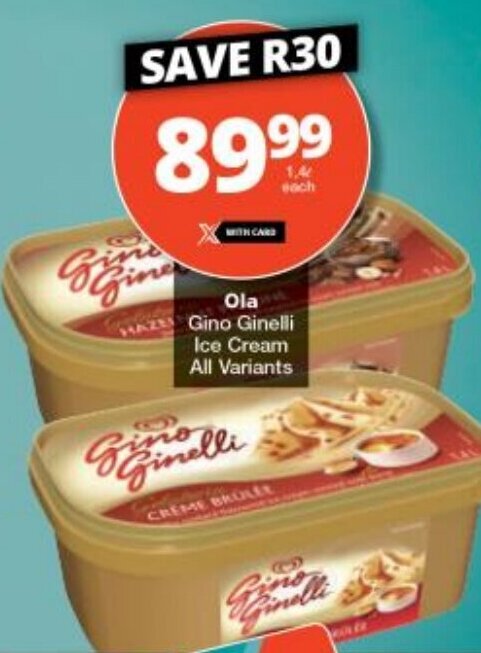 Ola Gino Ginelli Ice Cream all variants offer at Checkers