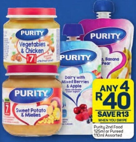 Purity 2nd Food 125ml or Pureed 110ml Assorted offer at Pick n Pay