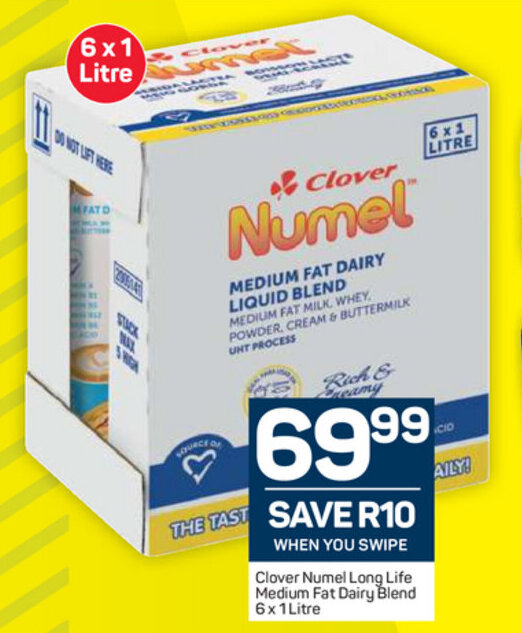 Clover Numel Long Life Medium Fat Dairy Blend 6x1L offer at Pick n Pay