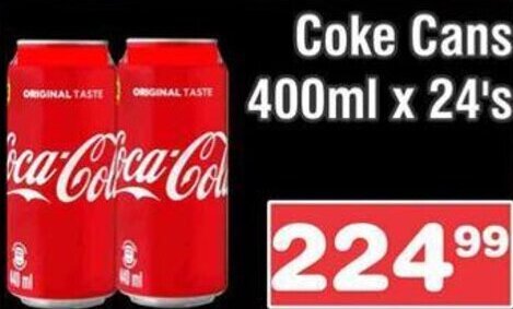 Coke Cans 400ml x 24's offer at Advance Cash n Carry
