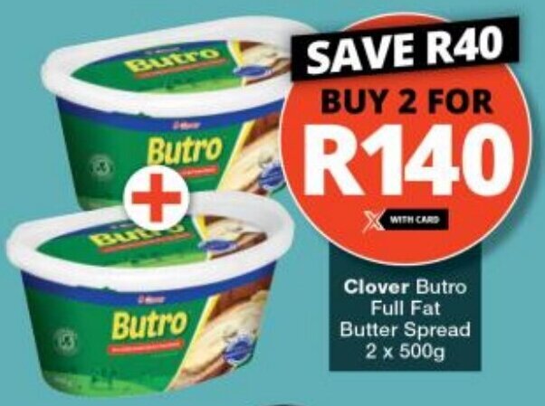 Clover Butro Full Fat Butter Spread 2 x 500g offer at Checkers