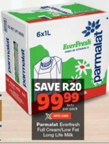Parmalat Everfresh Full Cream/Low Fat Long Life Milk offer at Checkers