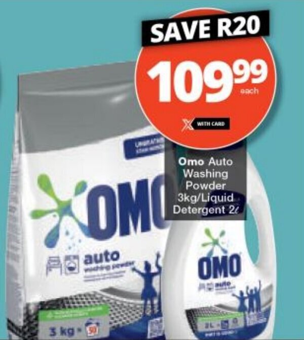 Omo Auto Washing Powder 3kg/Liquid Detergent 2L offer at Checkers