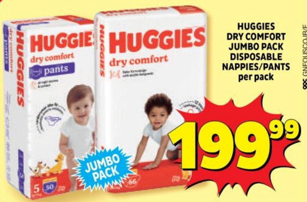 HUGGIES DRY COMFORT JUMBO PACK DISPOSABLE NAPPIES/PANTS per pack offer ...