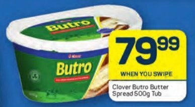 Clover Butro Butter Spread 500g Tub offer at Pick n Pay