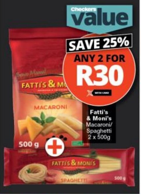 Fatti's & Moni's Macaroni/ Spaghetti 2 x 500g offer at Checkers