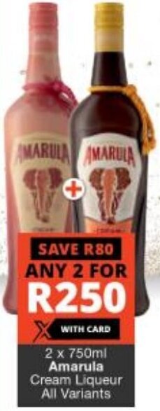2 x 750ml Amarula Cream Liqueur All Variants offer at Checkers