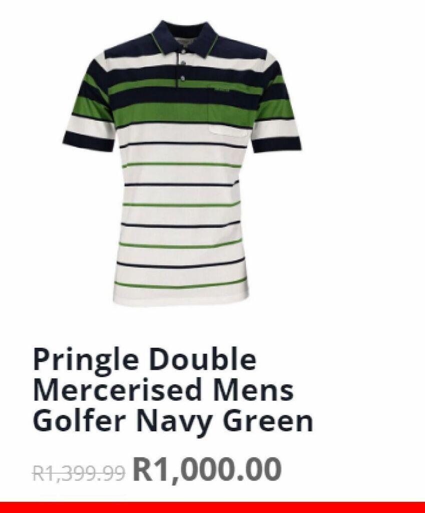 Pringle double mercerised mens golfer navy green offer at John Craig