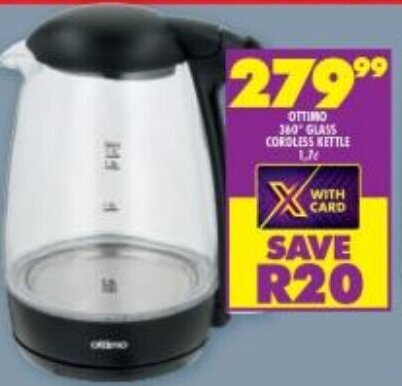 OTTIMO 360° GLASS CORDLESS KETTLE offer at Shoprite