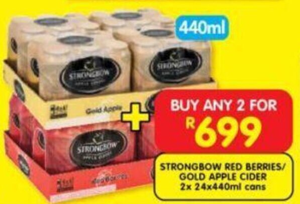 STRONGBOW RED BERRIES/ GOLD APPLE CIDER 2x 24x440ml cans offer at Shoprite