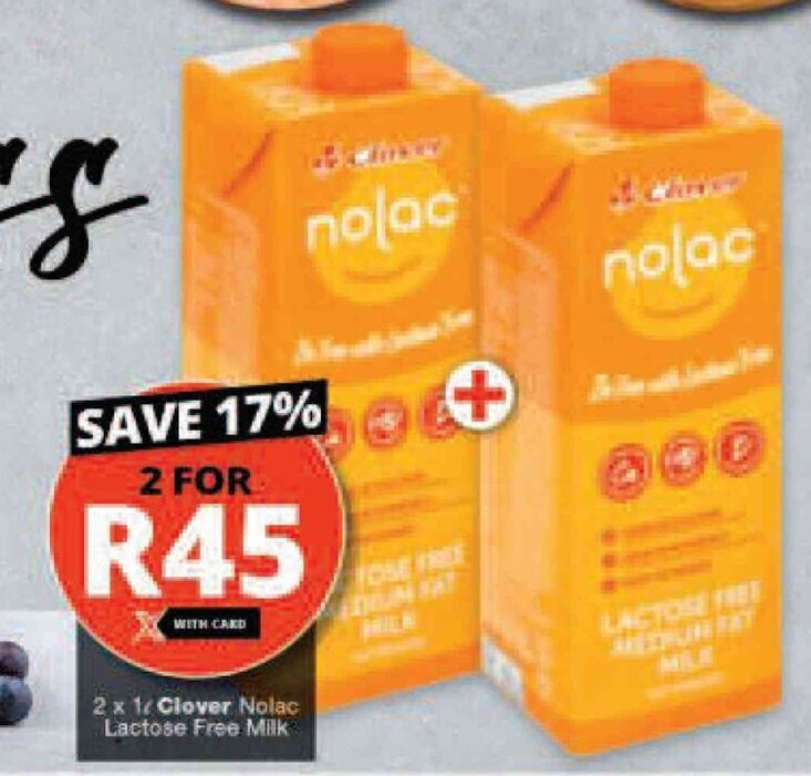 2 x 1L Clover Nolac Lactose Free Milk offer at Checkers