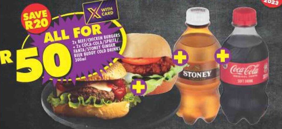 2x BEEF/CHICKEN BURGERS +2x COCA-COLA/SPRITE/ FANTA/STONEY GINGER BEER ...
