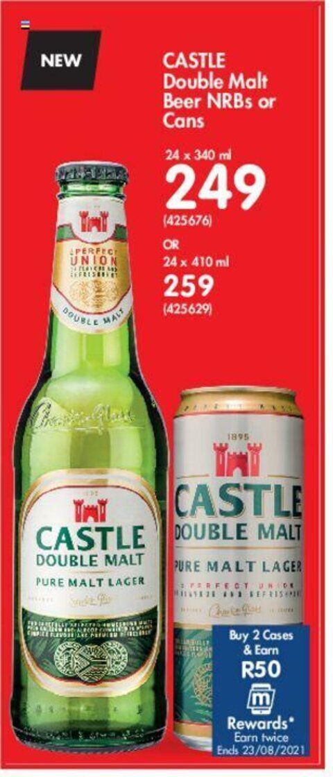 Castle Double Malt Beer NRBs or Cans offer at Makro