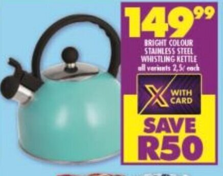 BRIGHT COLOUR STAINLESS STEEL WHISTLING KETTLE all variants 2,5L each ...