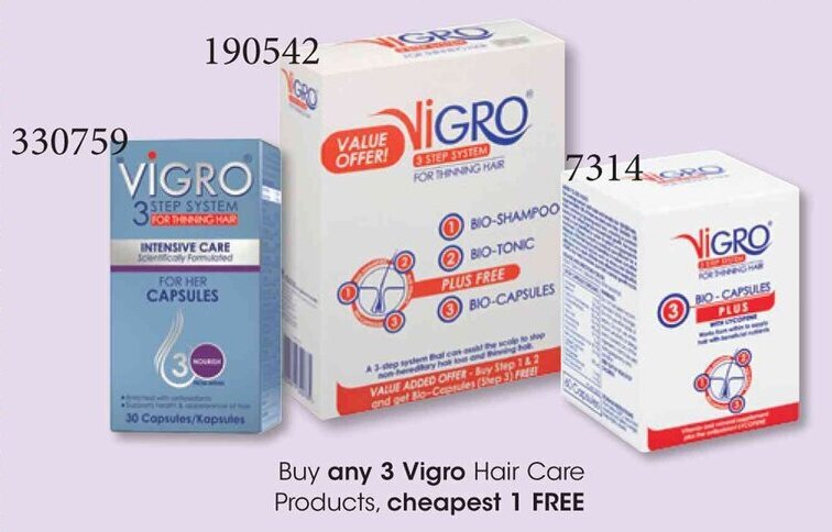 Buy any 3 Vigro Hair Care Products, cheapest 1 FREE offer at Clicks