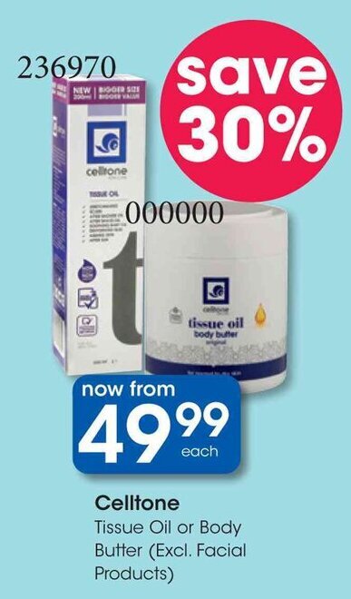 Celltone Tissue Oil or Body Butter (Excl. Facial Products) offer at Clicks