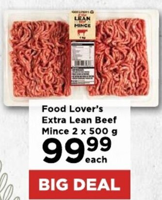 Food Lover's Extra Lean Beef Mince 2 x 500 g offer at Food Lover's Market