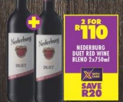 NEDERBURG DUET RED WINE BLEND 2x750ml offer at Shoprite