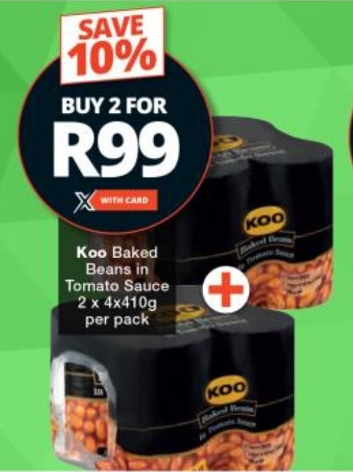 Koo Baked Beans in Tomato Sauce 2 x 4x410g per pack offer at Checkers