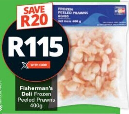 Fisherman's Deli Frozen Peeled Prawns 400g offer at Checkers
