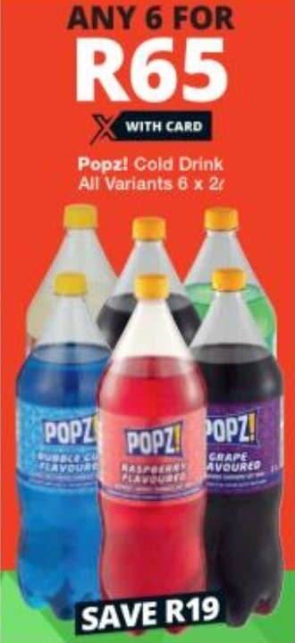 Popz! Cold Drink All Variants 6 x 2L offer at Checkers