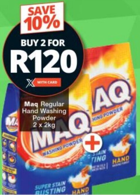 Maq Regular Hand Washing Powder 2 x 2kg offer at Checkers