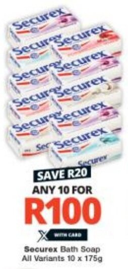 Securex Bath Soap All Variants 10 x 175g offer at Checkers