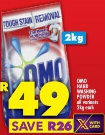 OMO HAND WASHING POWDER all variants 2kg each offer at Shoprite