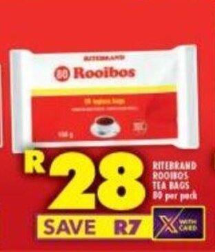 Ritebrand Rooibos Tea Bags 80 per pack offer at Shoprite