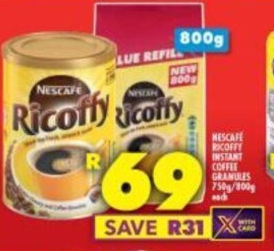 NESCAFE RICOFFY INSTANT COFFEE GRANULES 750g/800g each offer at Shoprite