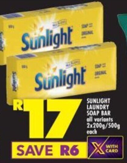 SUNLIGHT LAUNDRY SOAP BAR all variants 2x200g/500g each offer at Shoprite