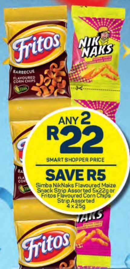 Simba NikNaks Flavoured Maize Snack Strip Assorted 5x22g or Fritos ...