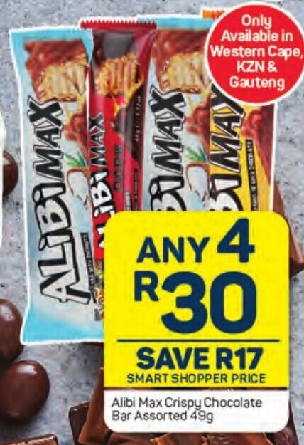 Alibi Max Crispy Chocolate Bar Assorted 49g offer at Pick n Pay