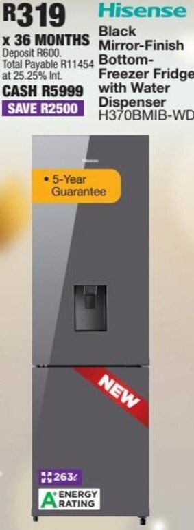 Hisense Black Mirror-Finish Bottom- Freezer Fridge with Water Dispenser ...