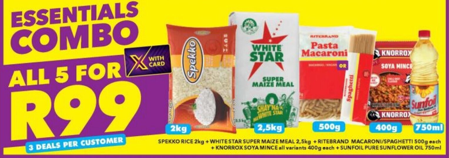 SPEKKO RICE 2kg + WHITE STAR SUPER MAIZE MEAL 2,5kg +RITEBRAND MACARONI/SPAGHETTI 500g each ...