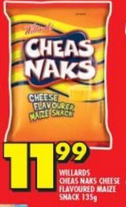 WILLARDS CHEAS NAKS CHEESE FLAVOURED MAIZE SNACK 135g offer at Shoprite