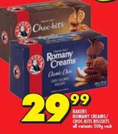 BAKERS ROMANY CREAMS/ CHOC-KITS BISCUITS all variants 200g each offer ...