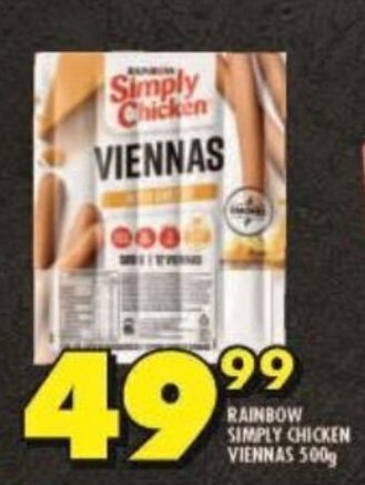 RAINBOW SIMPLY CHICKEN VIENNAS 500g offer at Shoprite