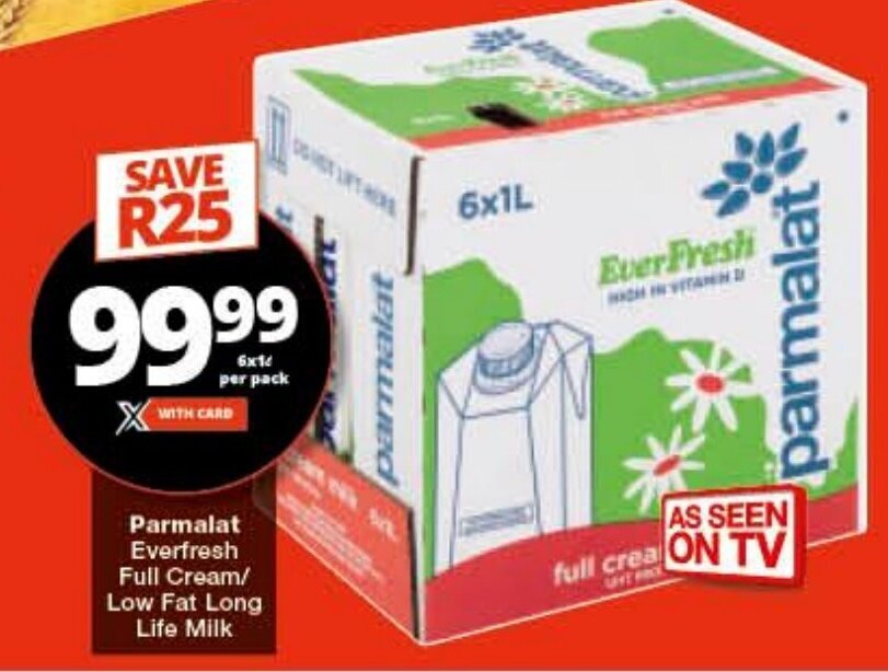Parmalat Everfresh Full Cream/ Low Fat Long Life Milk offer at Checkers
