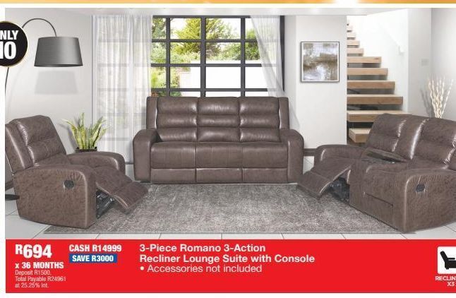 3-piece romano 3-action recliner lounge suite with console offer at OK ...