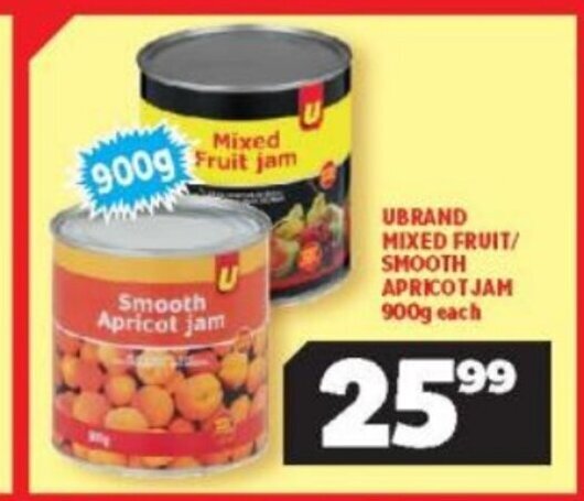 Ubrand Mixed Fruit / Smooth Apricot Jam 900g each offer at Usave