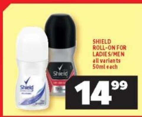 Shield Roll-On for Ladies / Men All Variants 50ml each offer at Usave