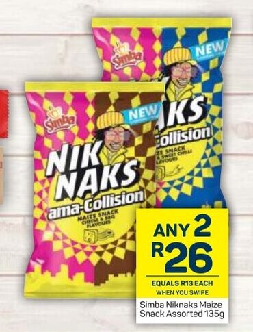 Simba Niknaks Maize Snack Assorted 135g offer at Pick n Pay