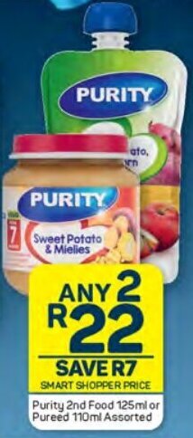 Purity 2nd Food 125ml or Pureed 110ml Assorted offer at Pick n Pay
