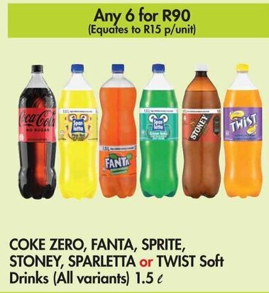 COKE ZERO, FANTA, SPRITE, STONEY, SPARLETTA or TWIST Soft Drinks (All ...