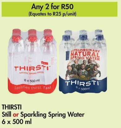 THIRSTI Still or Sparkling Spring Water 6 x 500 ml offer at Makro