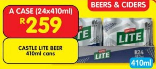 CASTLE LITE BEER 410ml cans offer at Shoprite